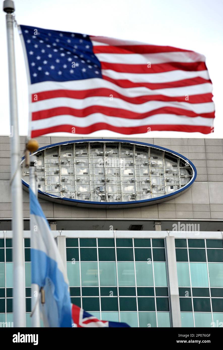 The blue oval Ford Motor Company logo is missing from the south side of ...