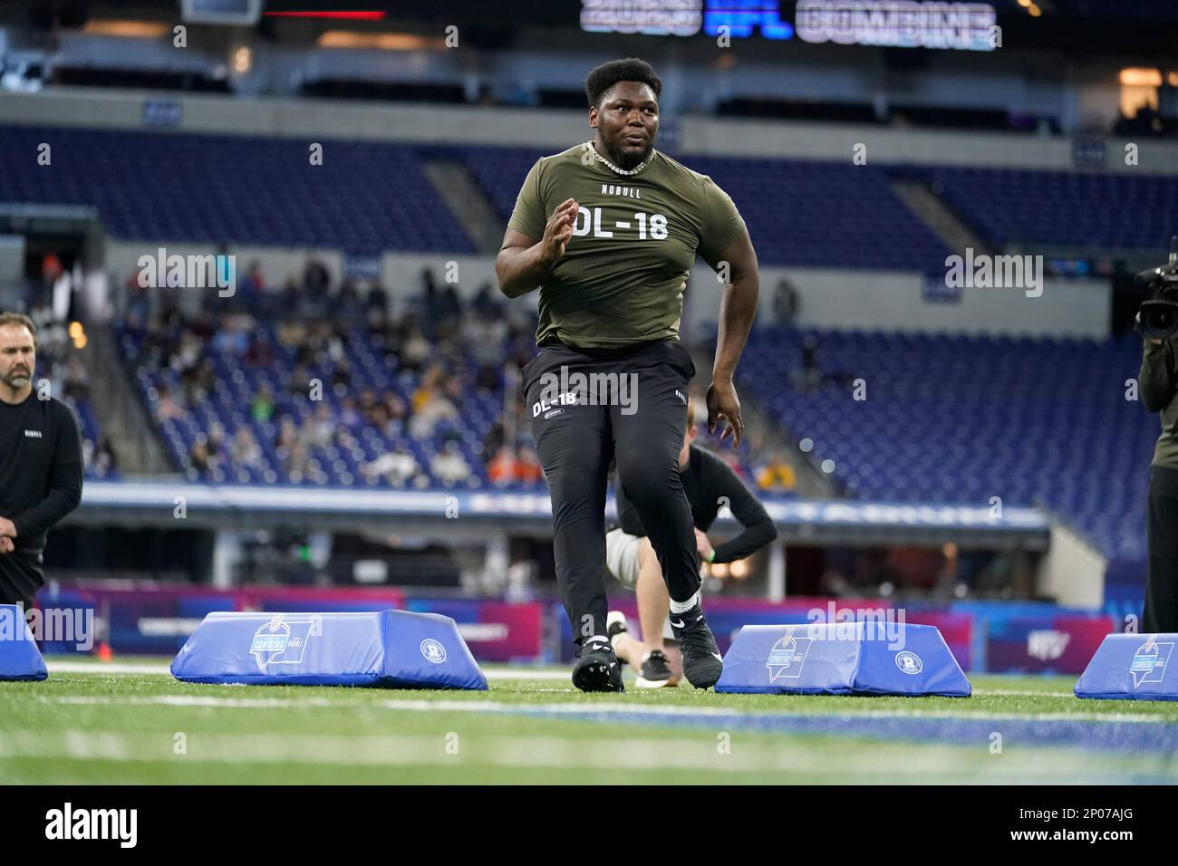 Alabama defensive lineman Byron Young runs a drill at the NFL football ...