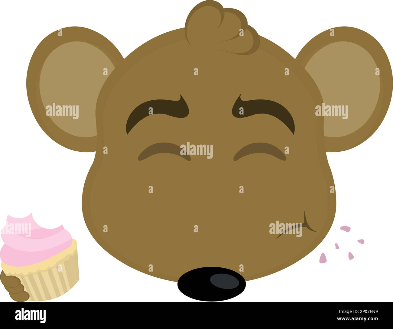 vector illustration face of a brown cartoon mouse eating a cupcake or ...