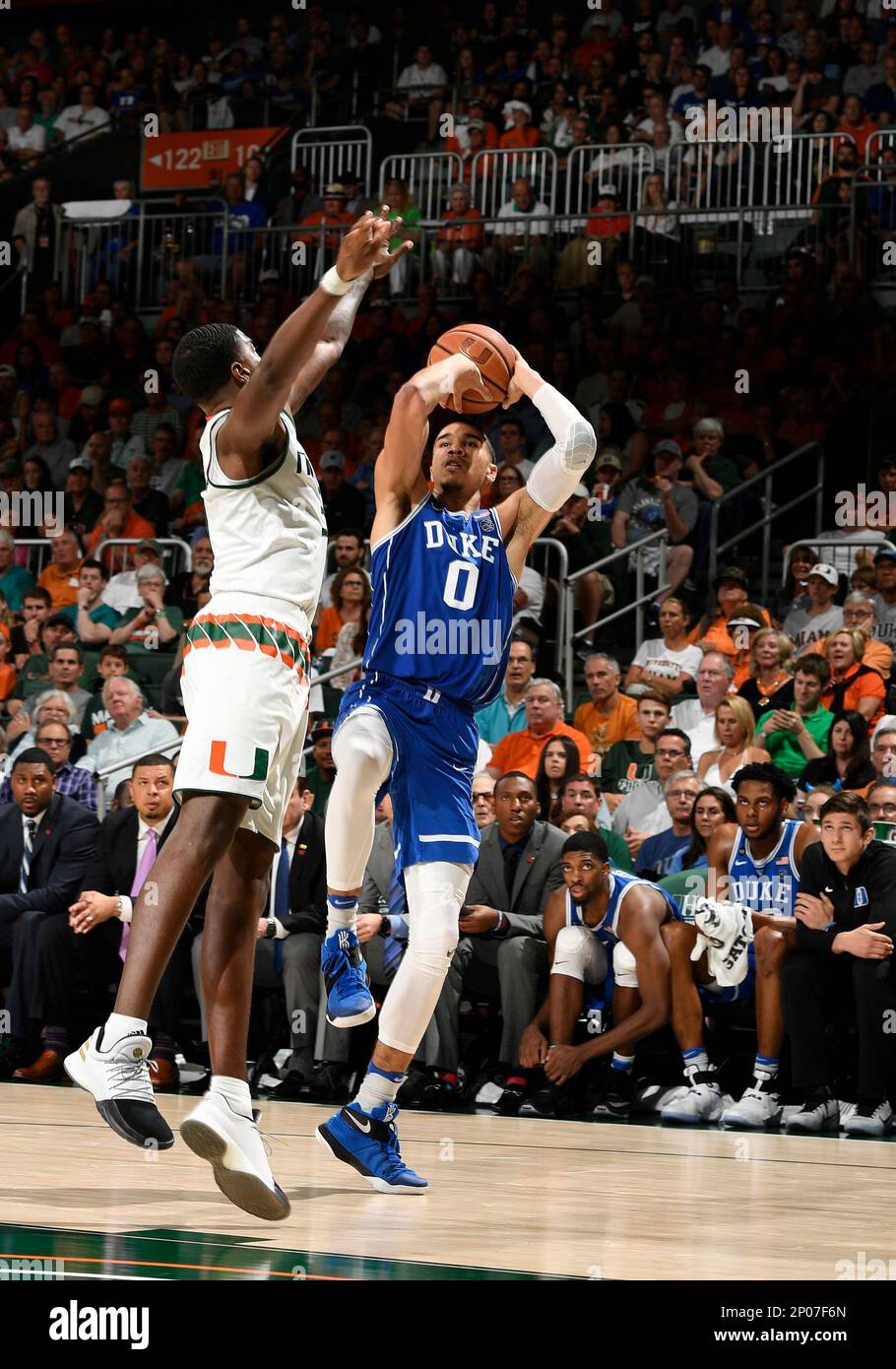 CORAL GABLES, FL - FEBRUARY 25: Duke forward Jayson Tatum (0) shoots ...