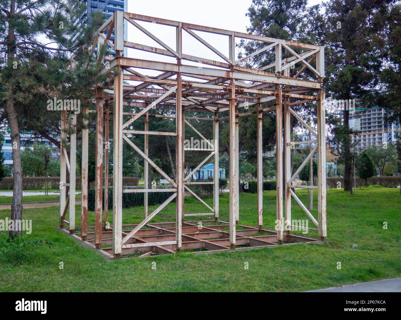 Metal construction. Metal frame trade tent. Abandoned structure in the ...