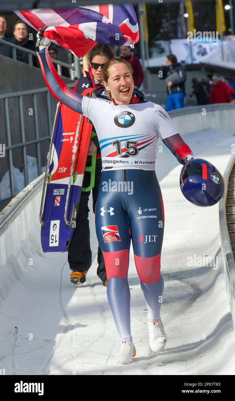 Britain's Lizzy Yarnold celebrates after taking the third place in the ...