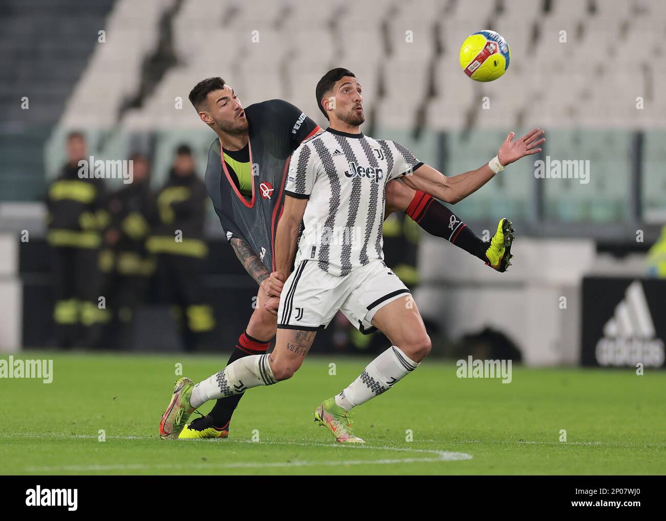 Turin, Italy, 2nd March 2023. Emanuele Pecorino of Juventus tussles ...