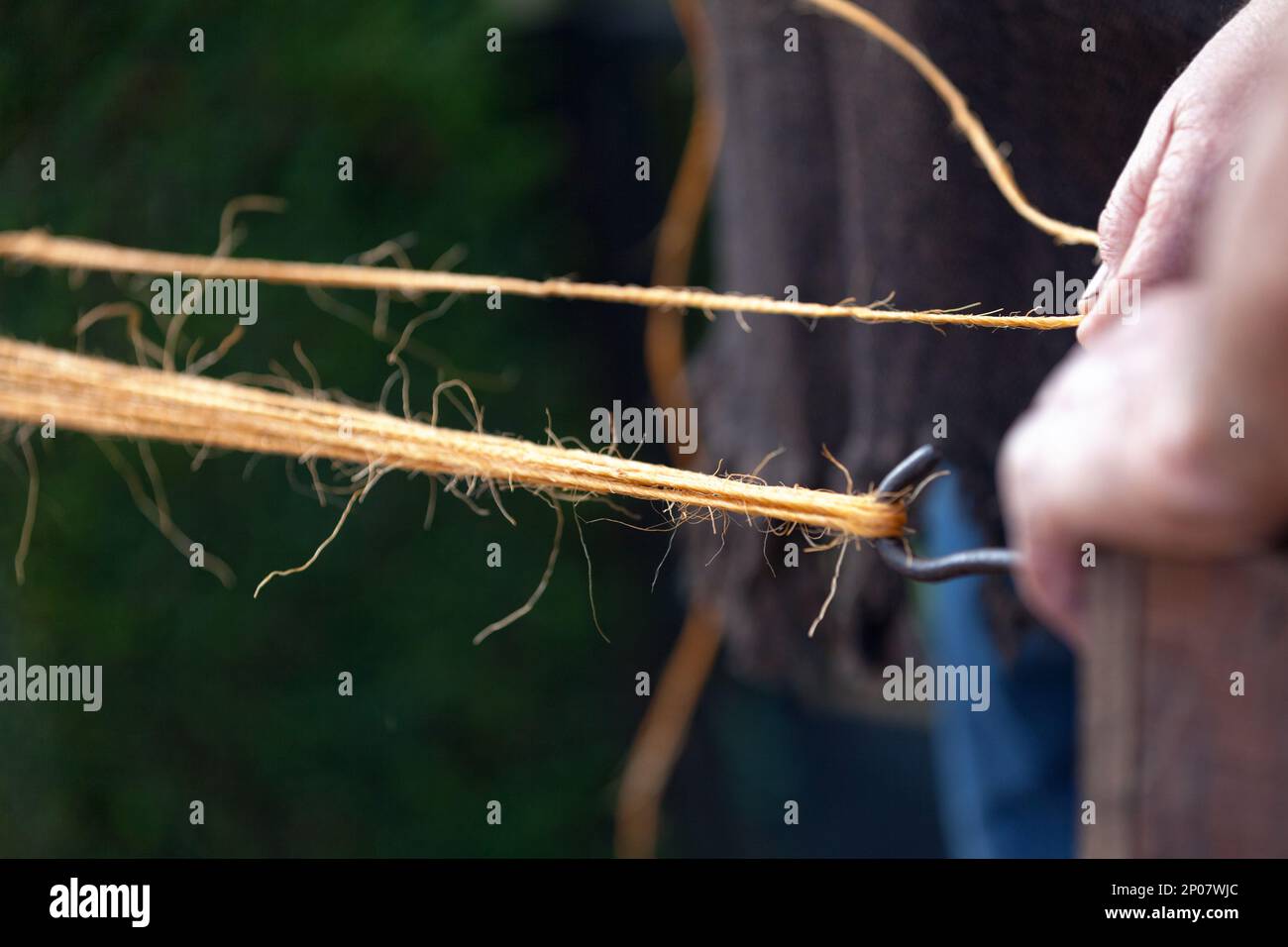 Close-up on the hands of two medieval rope weaver weaving a rope Stock ...