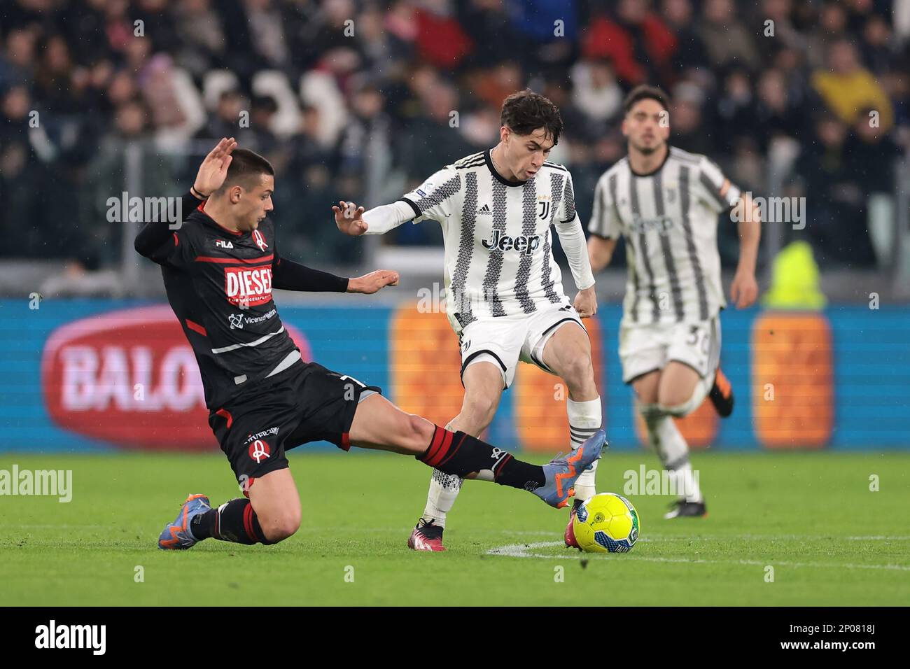 Turin, Italy, 2nd March 2023. Thomas Sandon of Vicenza challenges ...