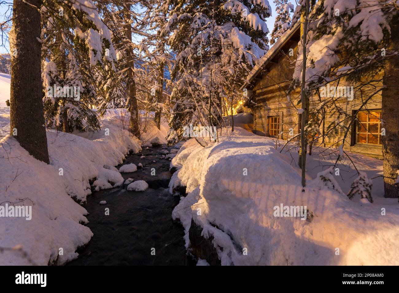 Winterscene at night with the creek in front of the Owl Bar at Sundance ...
