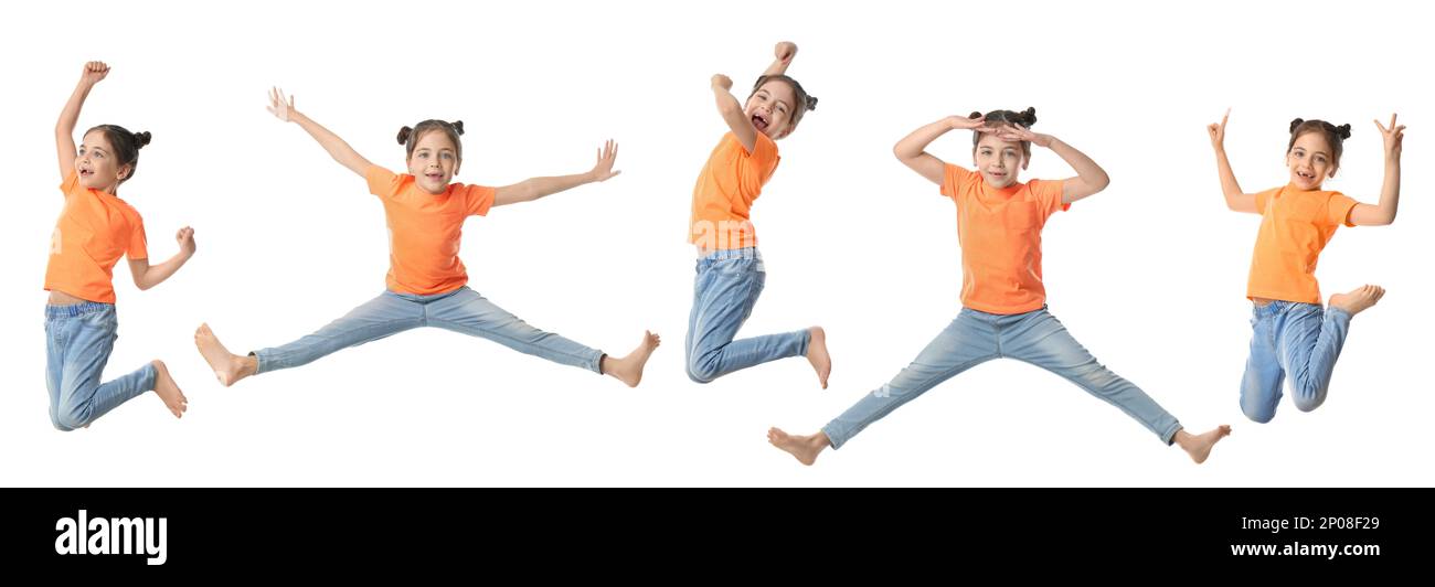 Cute little girl jumping on white background, collage. Banner design ...