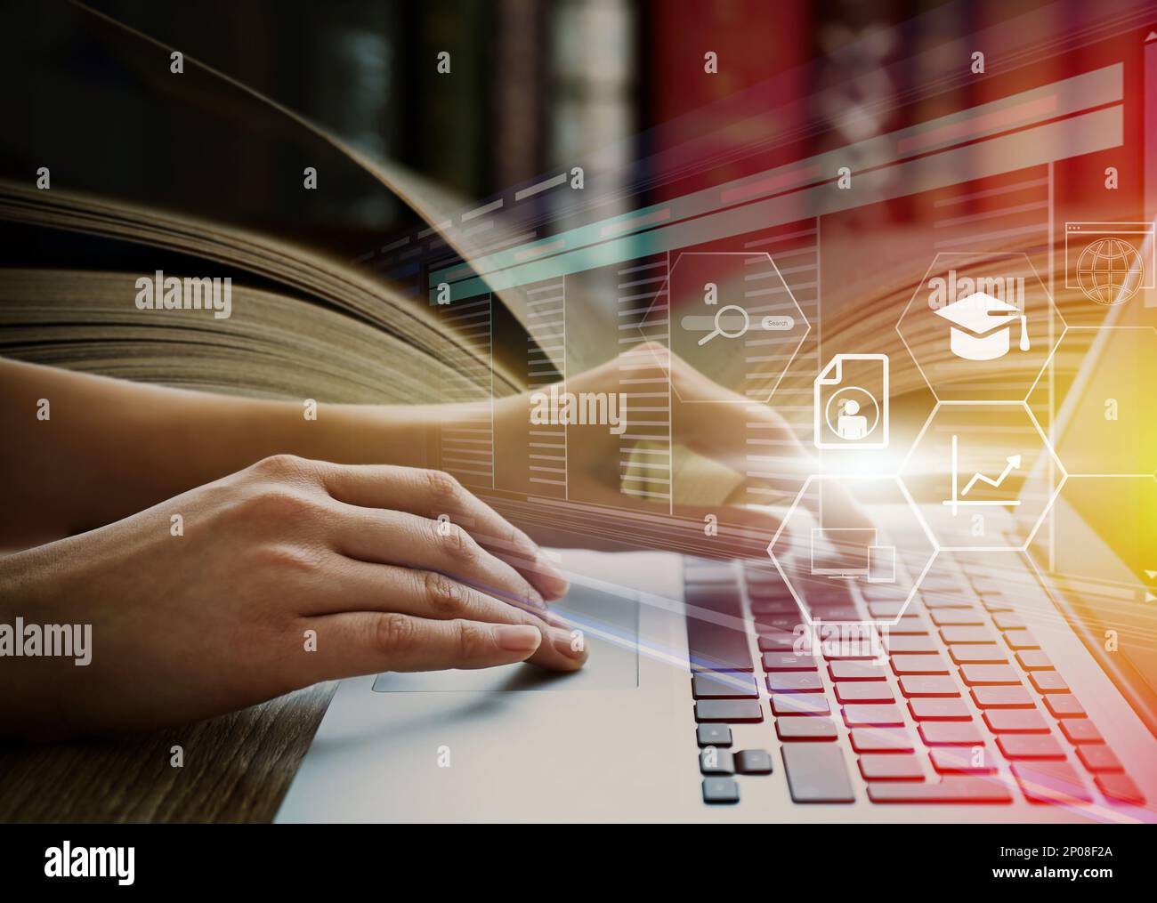 Student using laptop in library and illustration of virtual icons ...