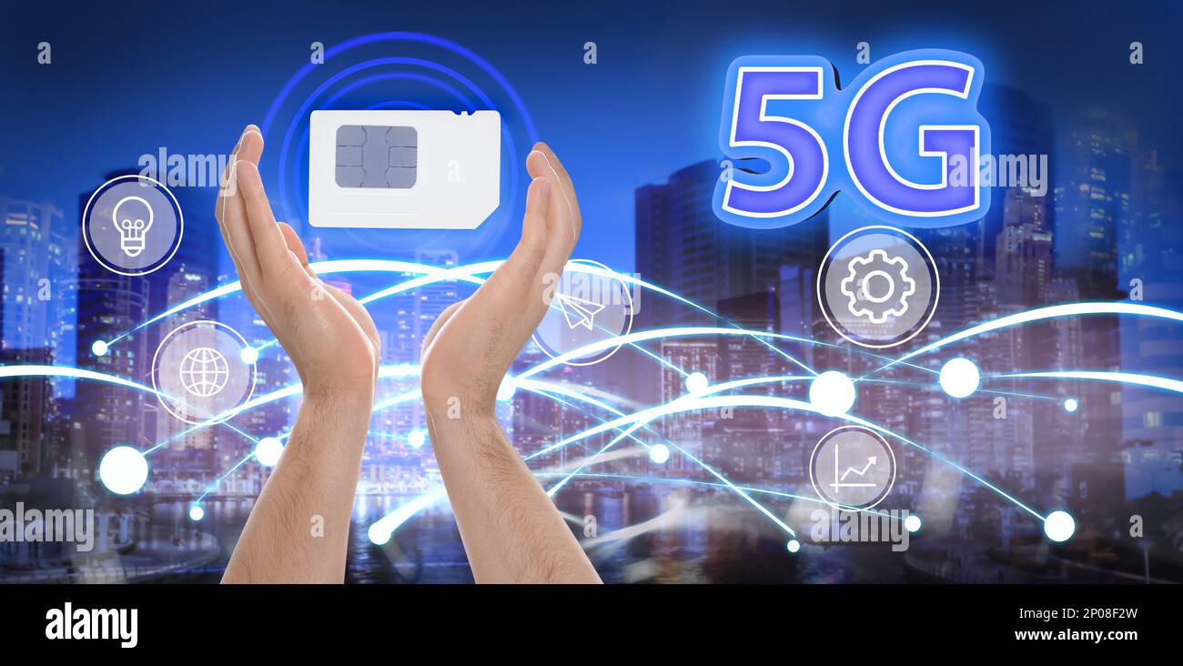 Man demonstrating 5G SIM card model and cityscape with connection lines ...
