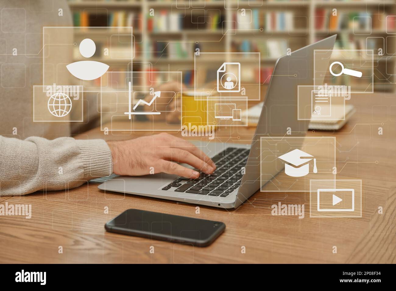 Student using laptop in library and illustration of virtual icons ...