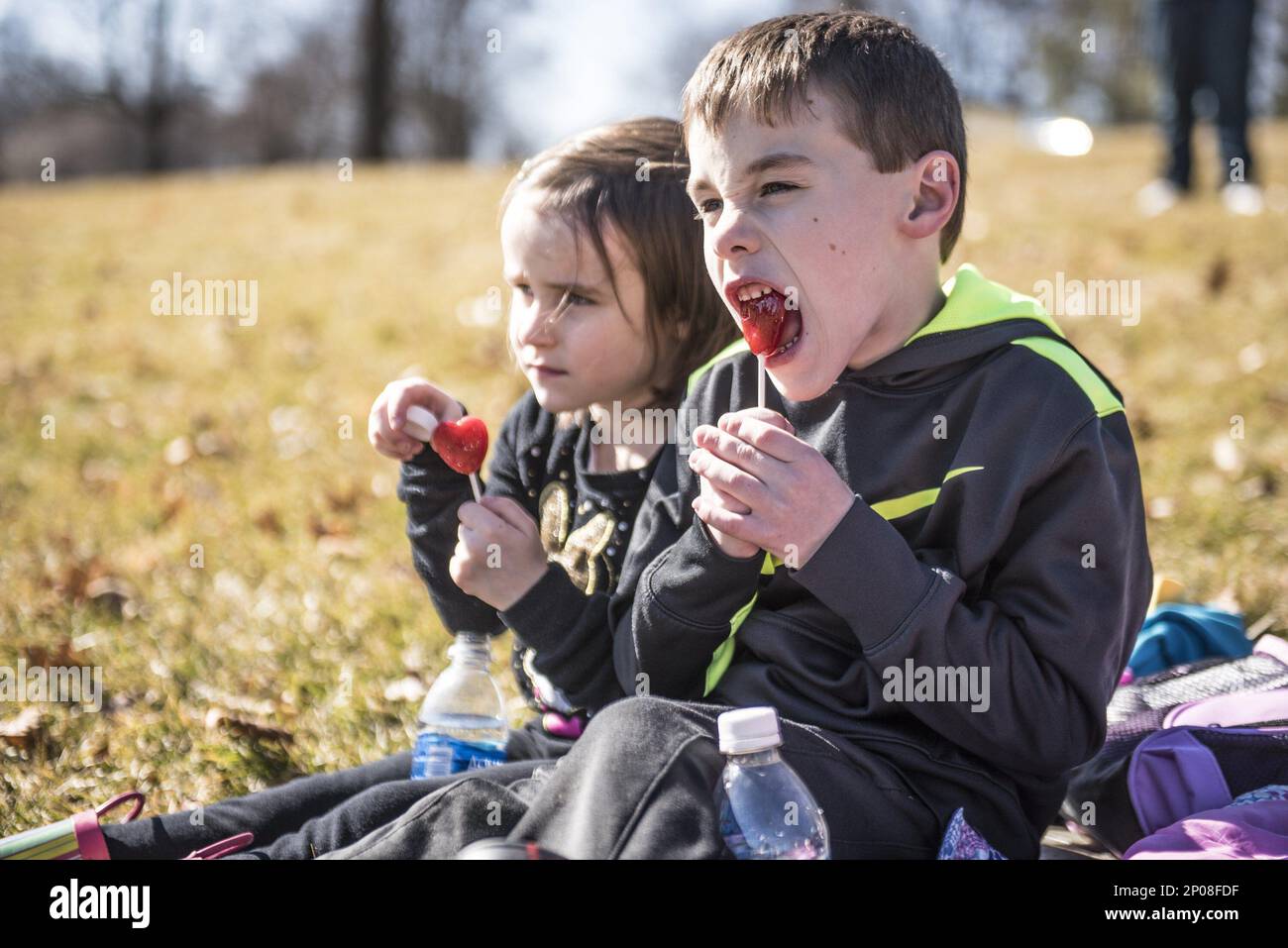 Elle Williston and Carter Williston eat lollipops on the grass before ...