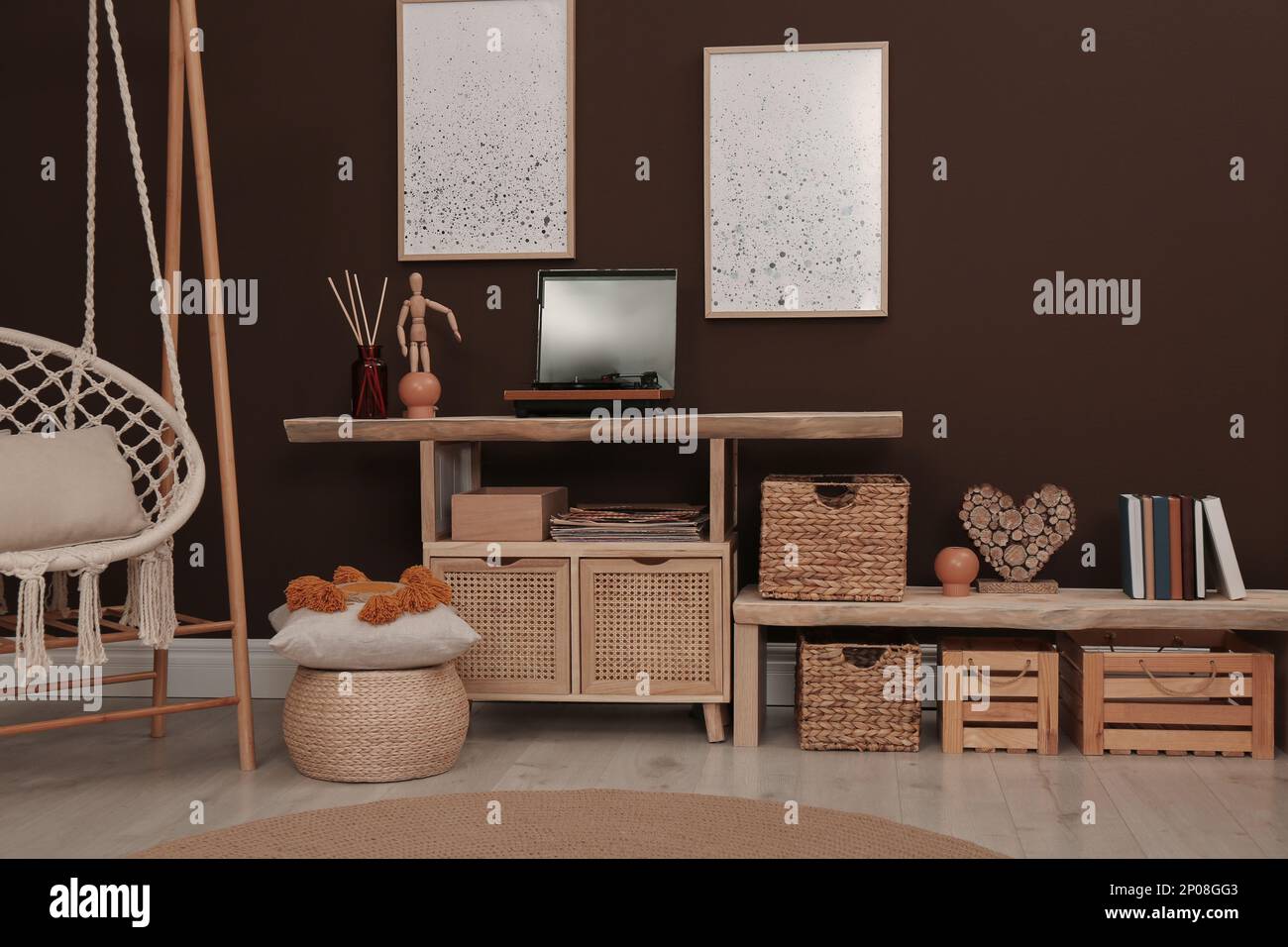 Trendy boho style furniture and decor in room. Interior design Stock ...