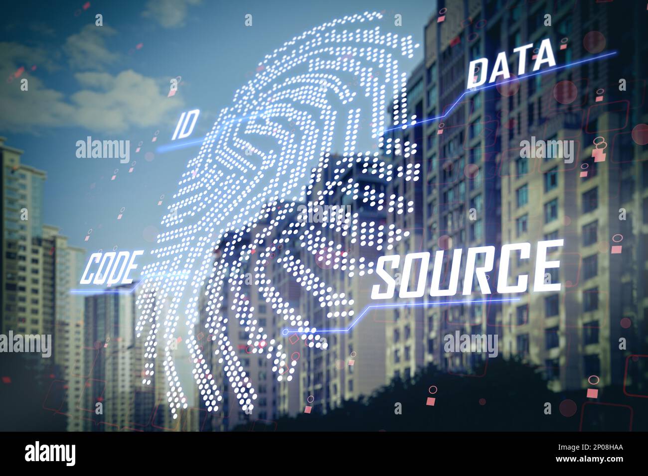 Fingerprint identification. Beautiful view of modern buildings in city ...