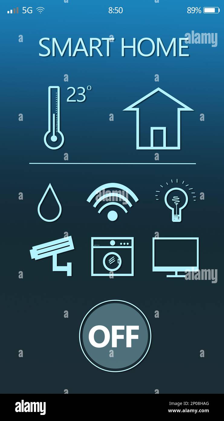 Smart home application for mobile phone, illustration. Automatic ...