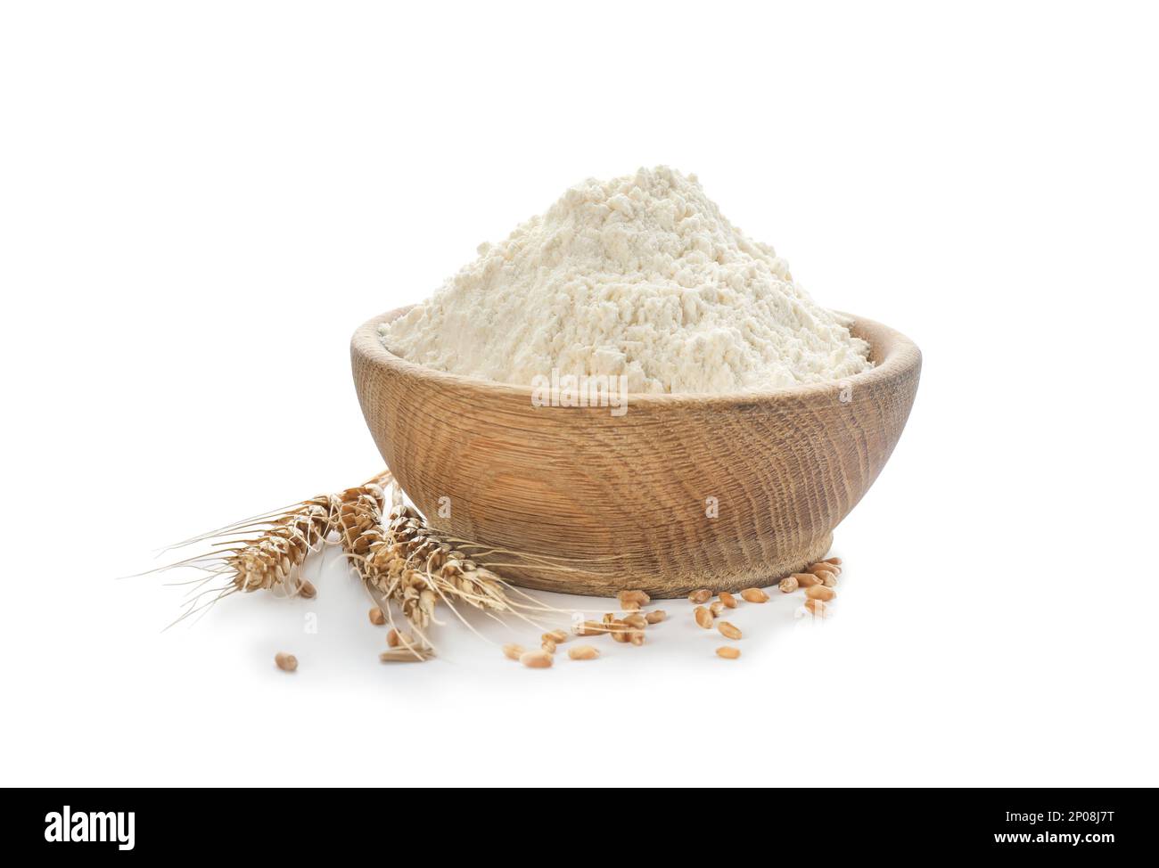 Flour in bowl, spikelets and grains on white background Stock Photo - Alamy