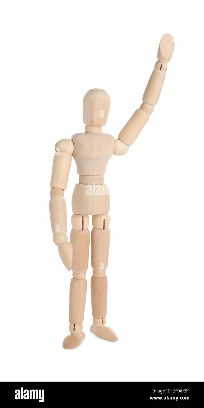 Wooden human model on white background. Mini mannequin Stock Photo - Alamy