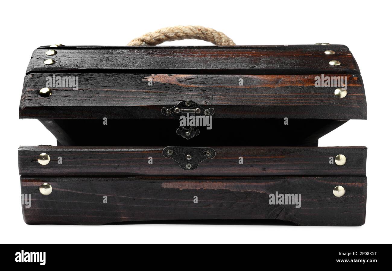 Open empty treasure chest isolated on white Stock Photo - Alamy