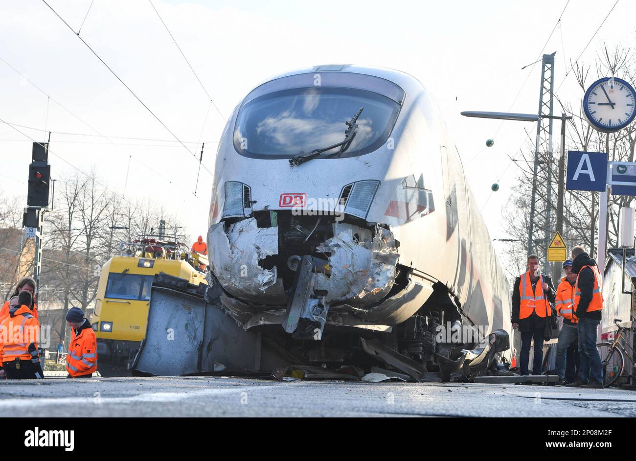 A damaged high speed train sits on a platform after the empty train ...