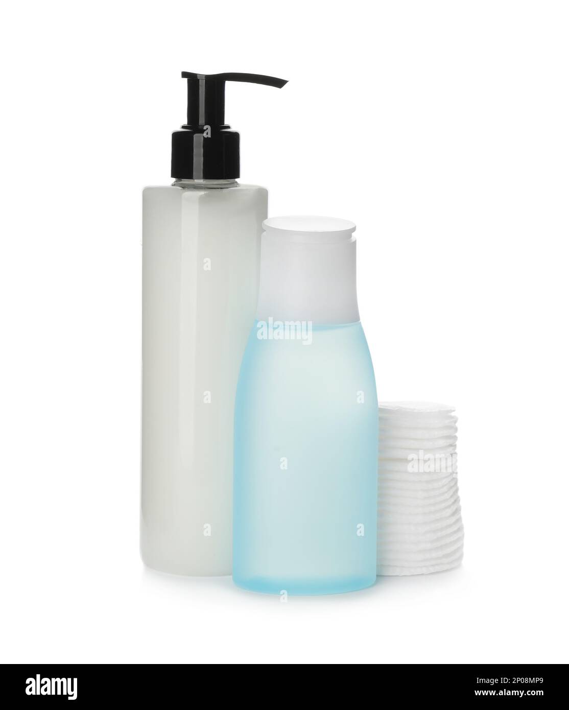 Cosmetic products and cotton pads for makeup removal on white ...