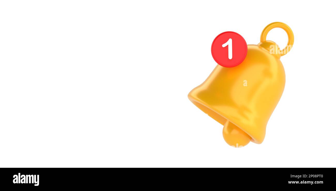 Yellow notification bell with 1 new message sign on white background ...