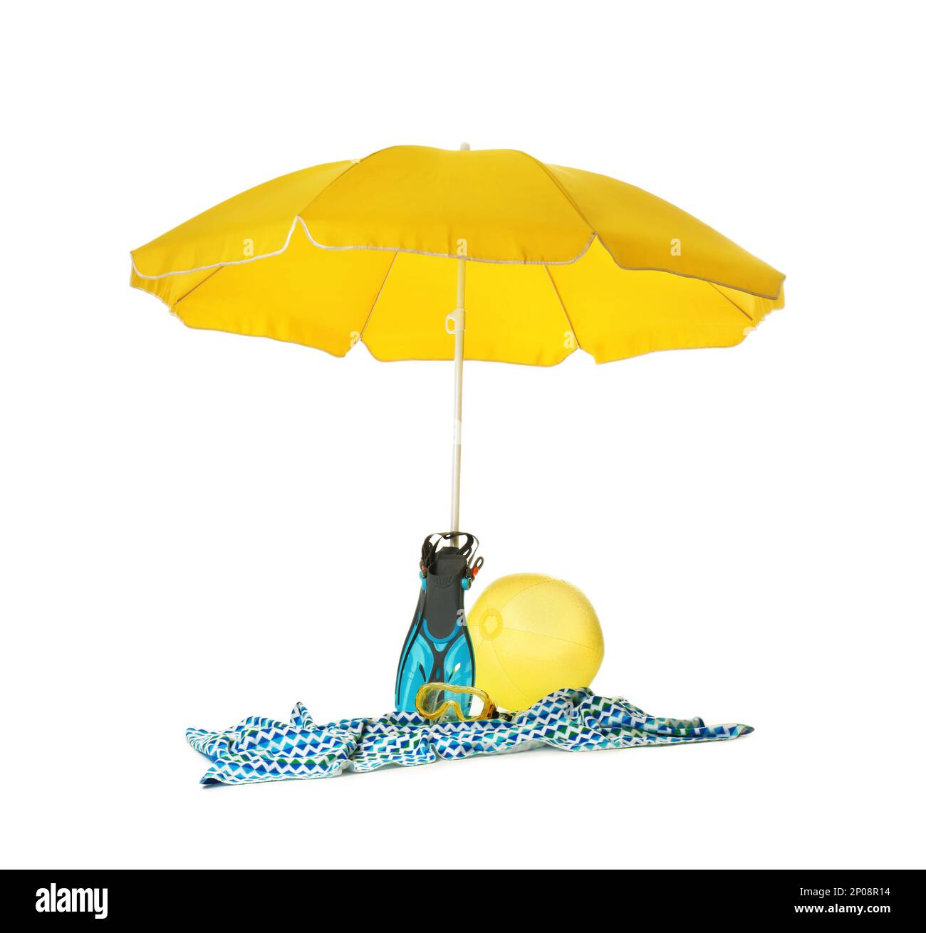 Open yellow beach umbrella, inflatable ball, blanket and diving ...