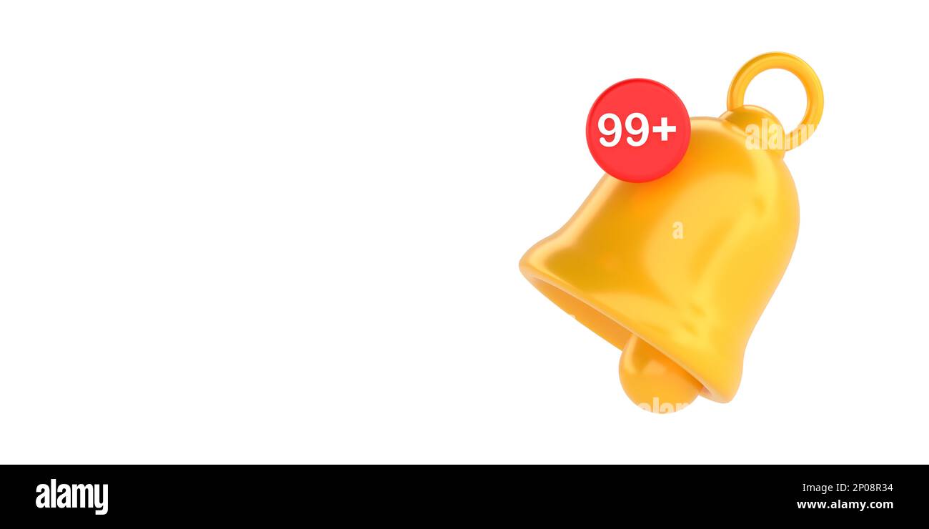 Yellow notification bell with 99+ new message sign on white background ...