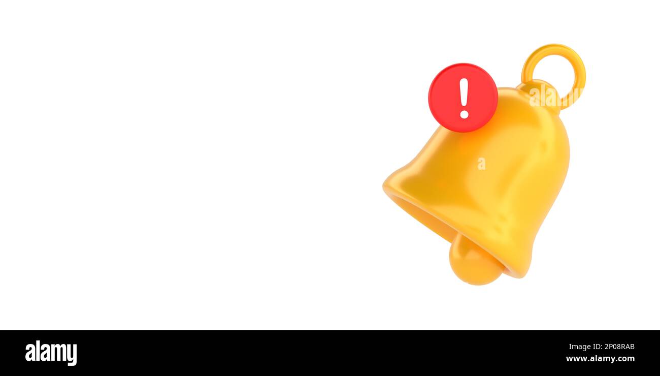 Yellow notification bell with exclamation mark message sign on white ...