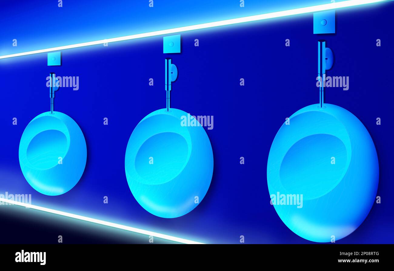 Ceramic urinals in men's public restroom lit with UV blue light Stock ...
