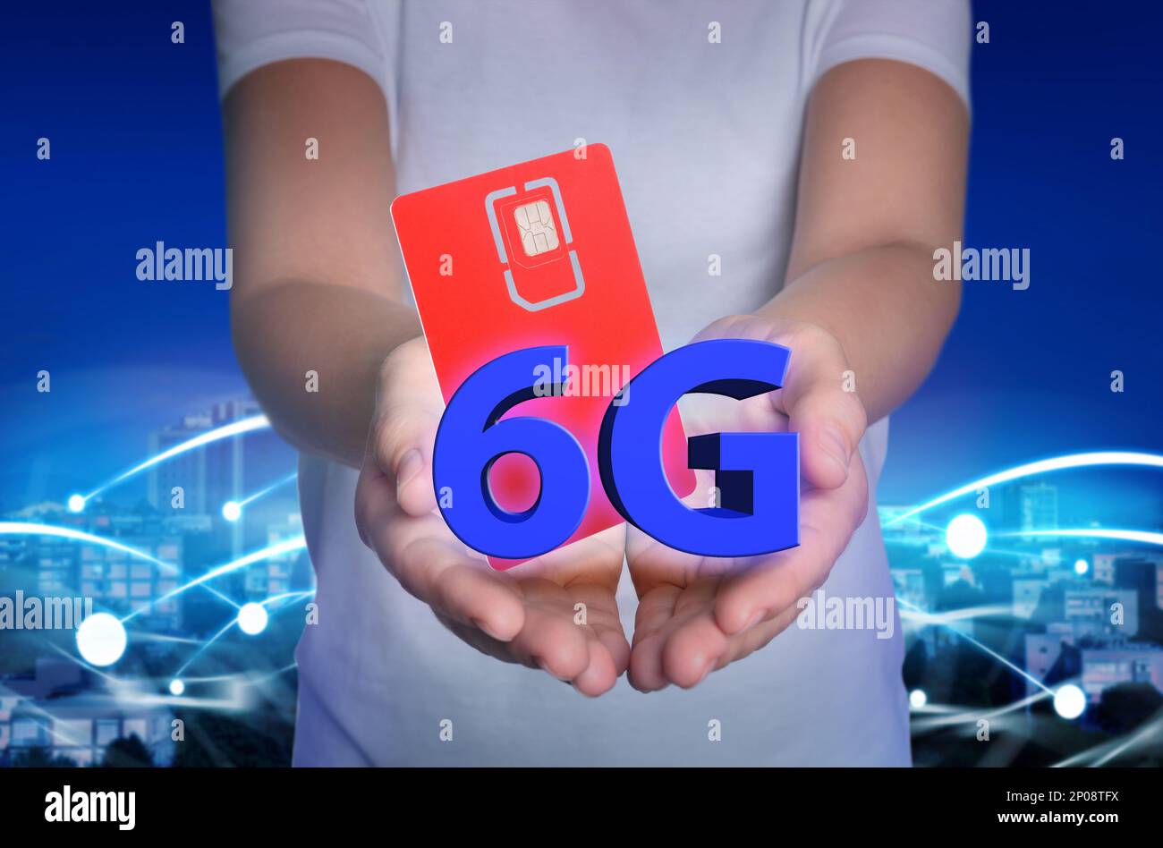 Woman demonstrating 6G SIM card model and cityscape with connection ...
