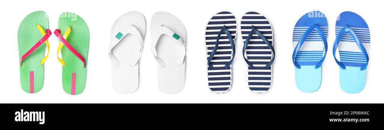 Set with different flip flops on white background, top view. Banner ...