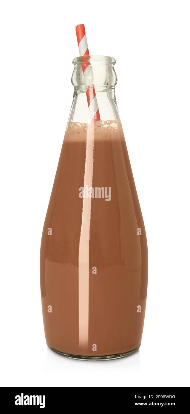 Delicious chocolate milk in glass bottle isolated on white Stock Photo ...