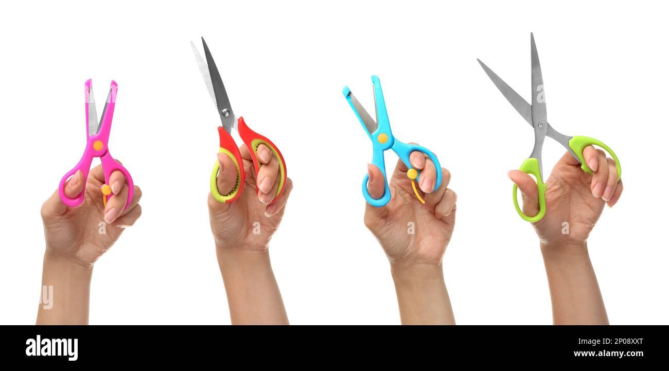 Collage with photos of women holding different scissors on white ...