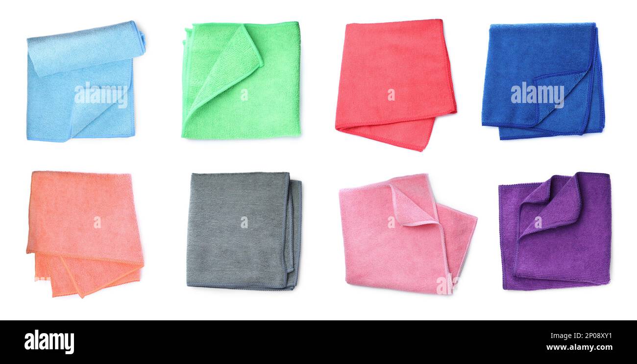 Set with color microfiber cloths on white background, top view. Banner ...