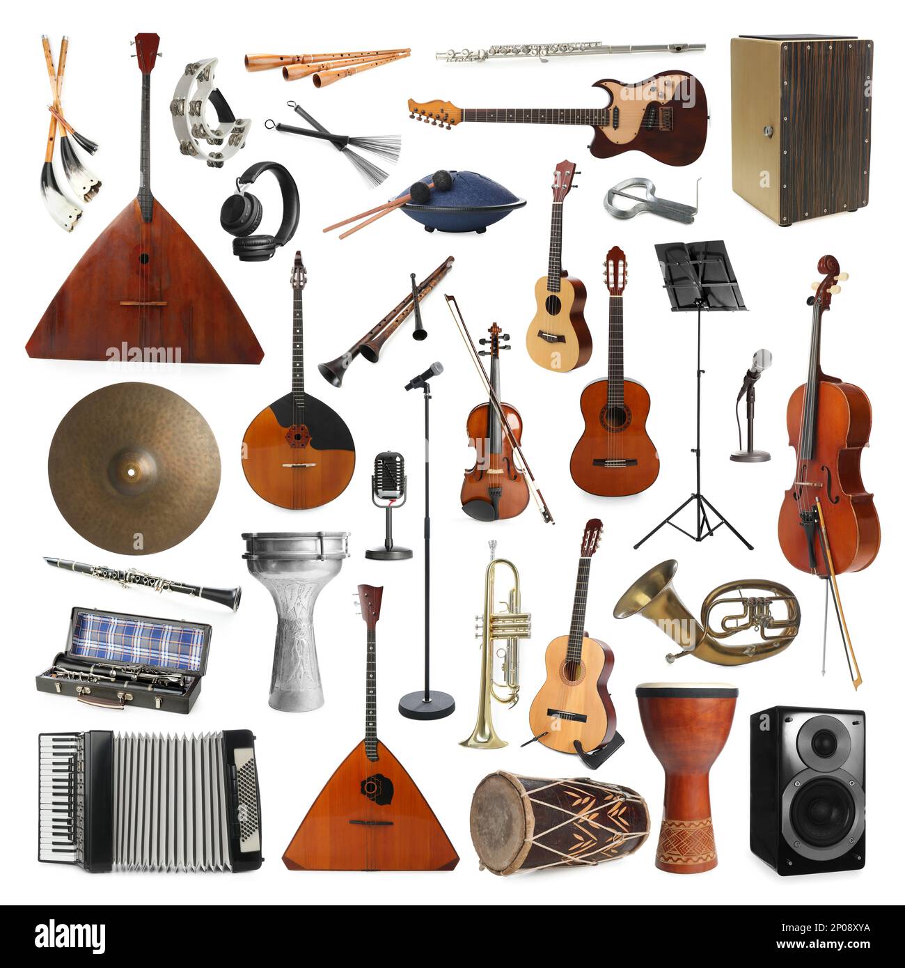 Collection of different musical instruments on white background Stock ...