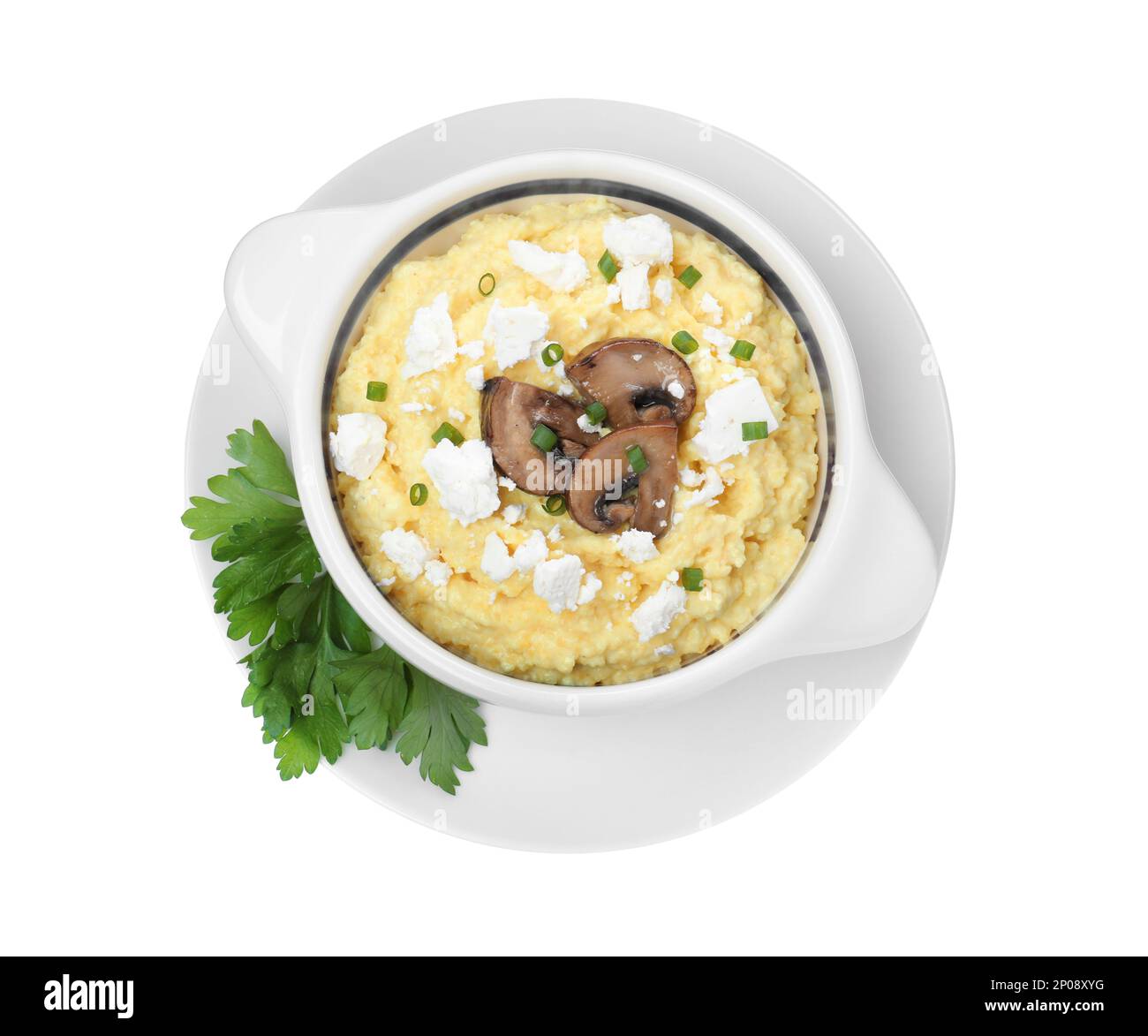 Delicious traditional banosh in bowl isolated on white, top view Stock ...