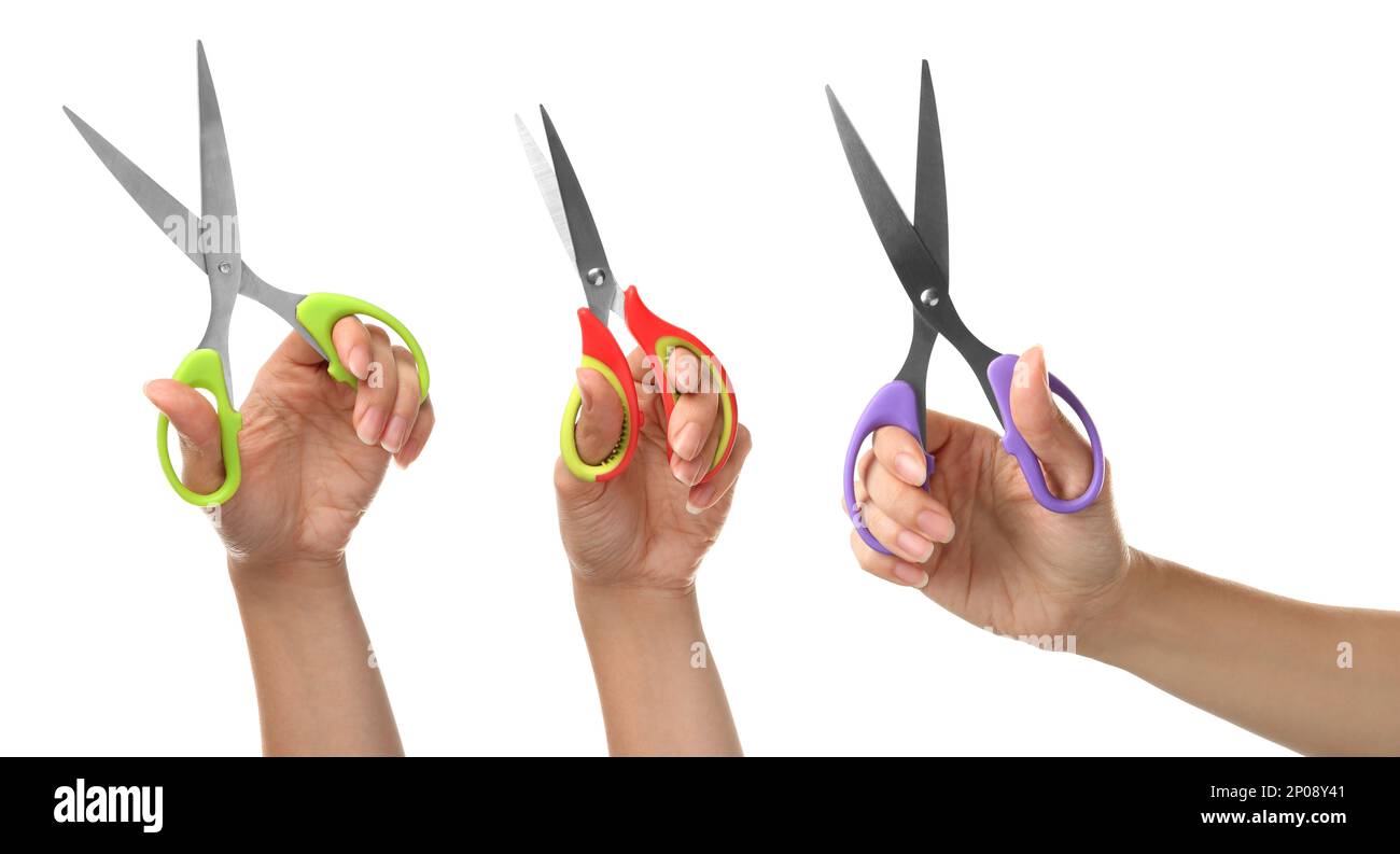 Collage with photos of women holding different scissors on white ...