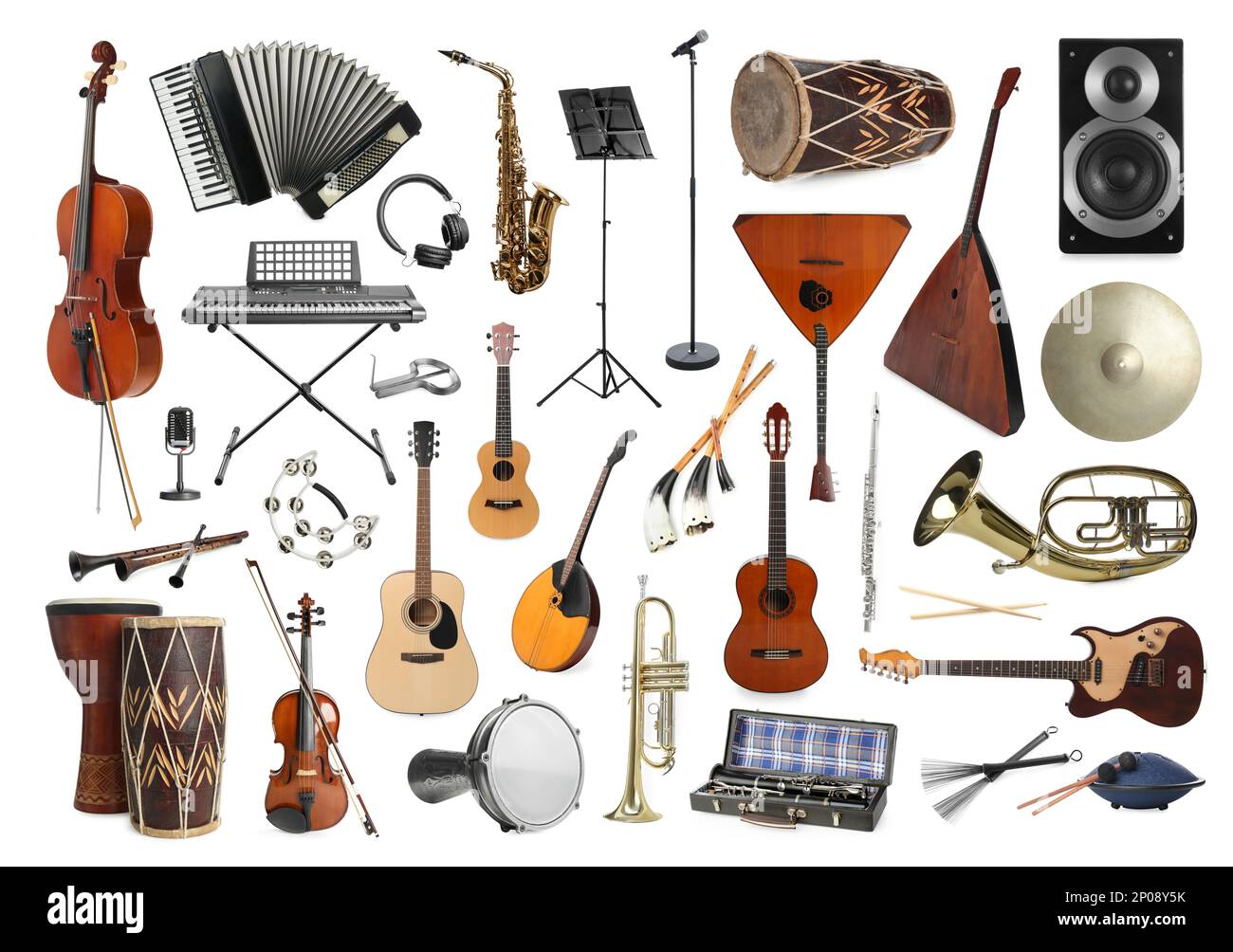 Collection of different musical instruments on white background Stock ...