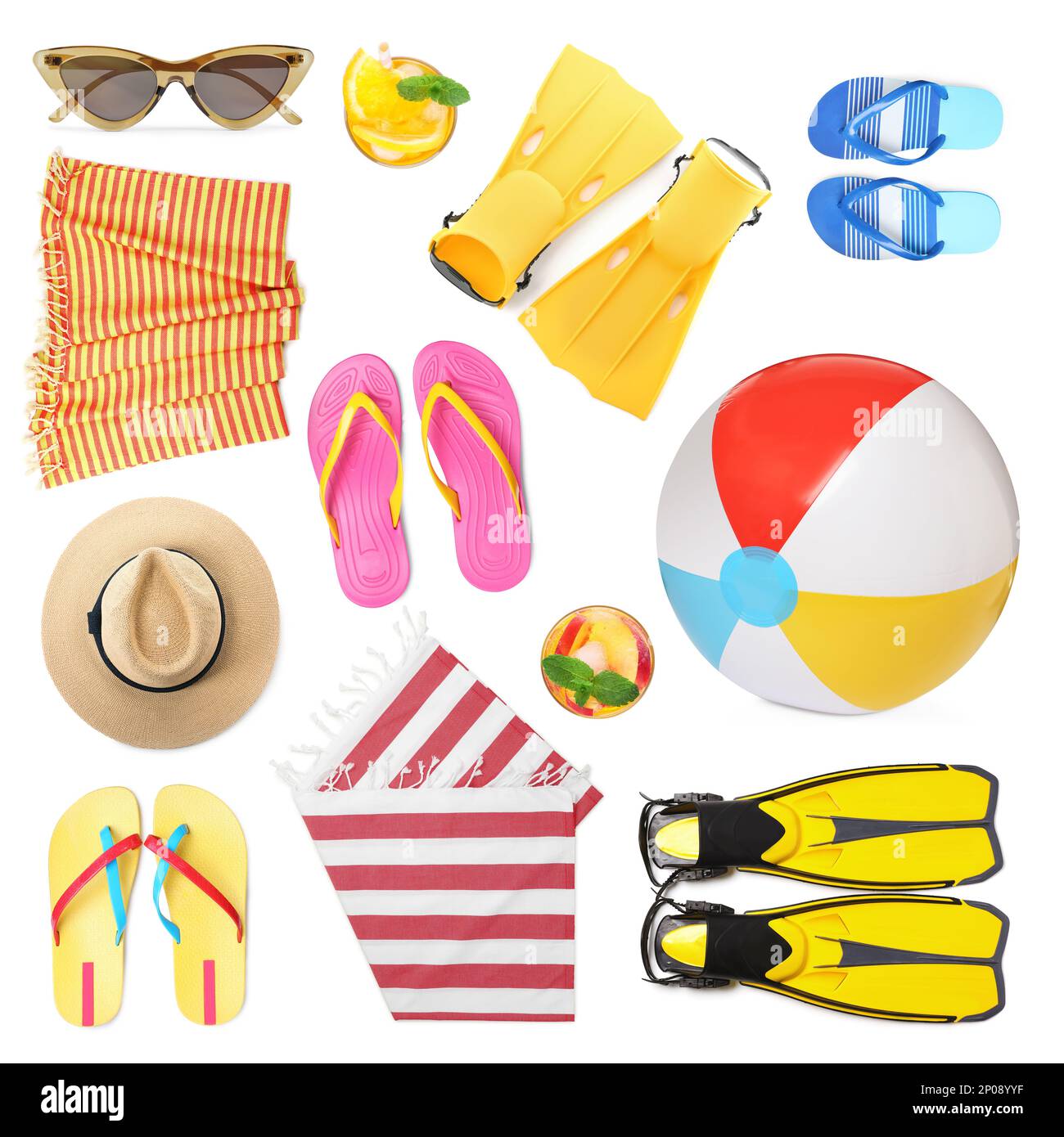 Set with towels and other beach accessories on white background Stock ...