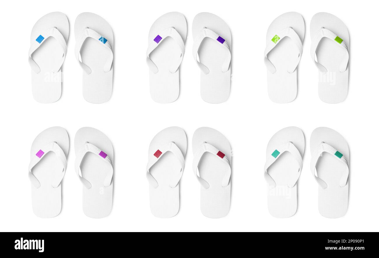 Set with stylish flip flops on white background, top view. Banner ...