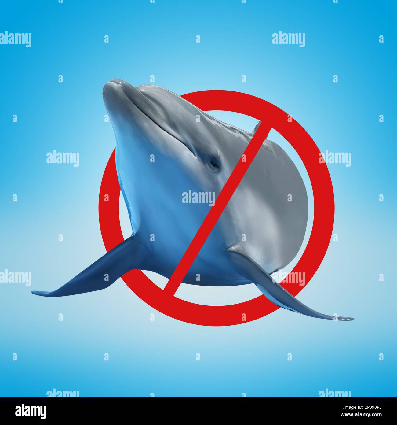 Dolphin and red prohibition sign on light blue background. Anti ...