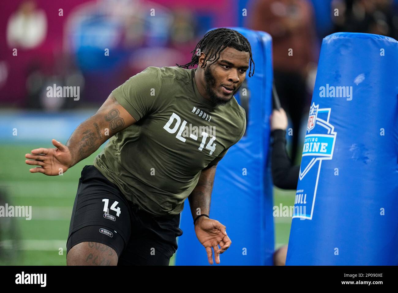 LSU defensive lineman Jaquelin Roy runs a drill at the NFL football ...