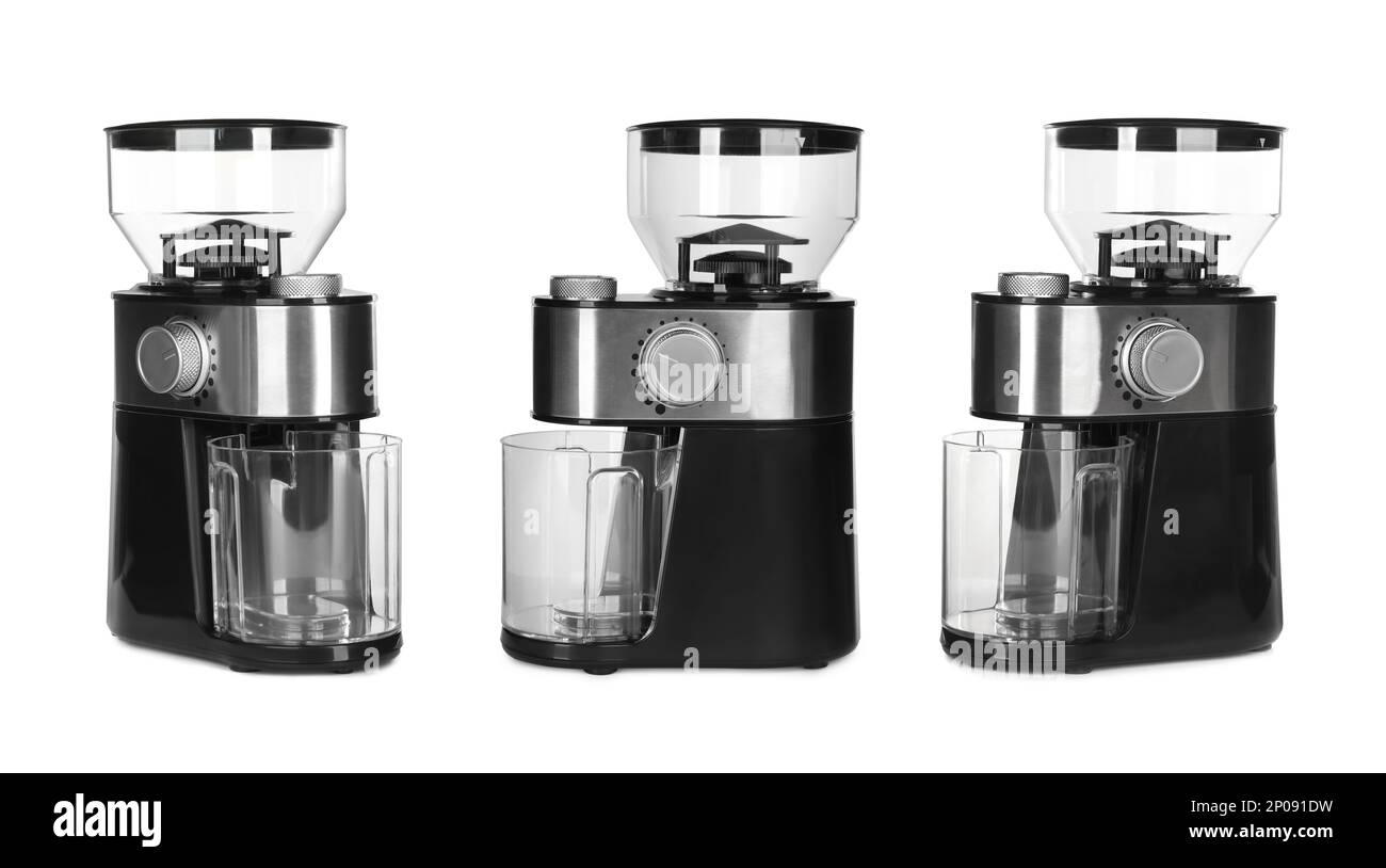 Set with modern electric coffee grinders on white background Stock ...