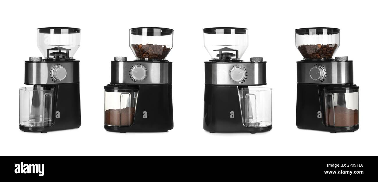 Set with modern electric coffee grinders on white background. Banner ...