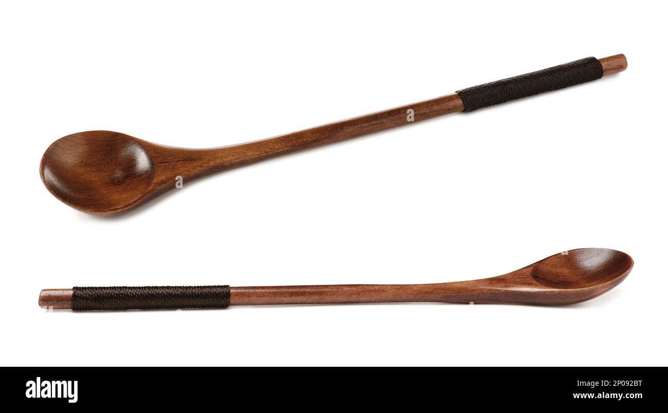 Wooden spoons on white background, collage. Cooking utensil Stock Photo ...