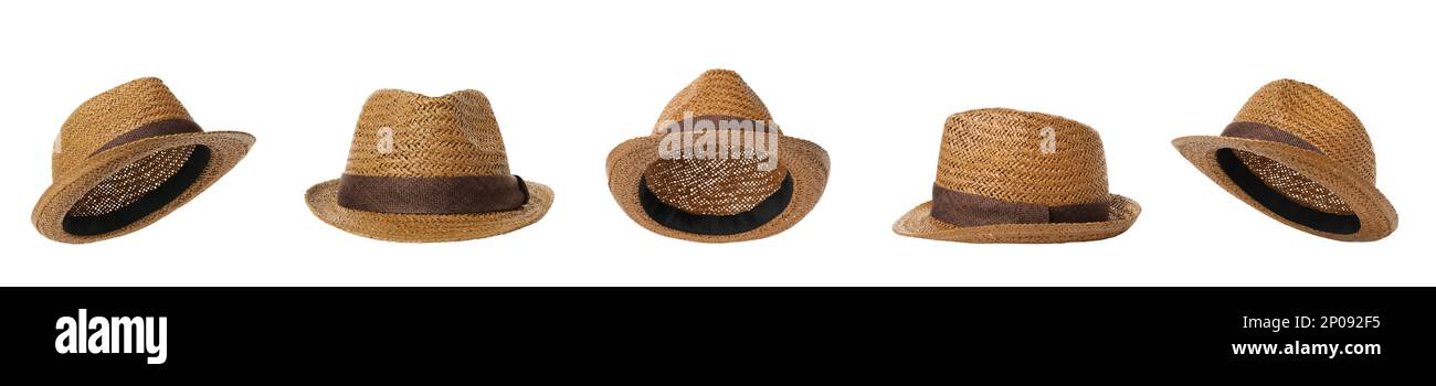 Set with stylish straw hats on white background, banner design. Stylish ...