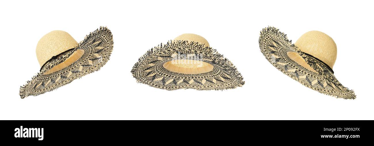Set with stylish straw hats on white background, banner design. Stylish ...