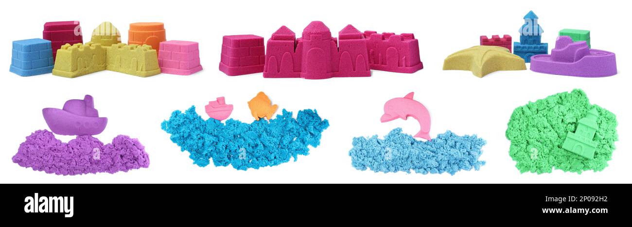 Set with different figures made of colorful kinetic sand on white ...