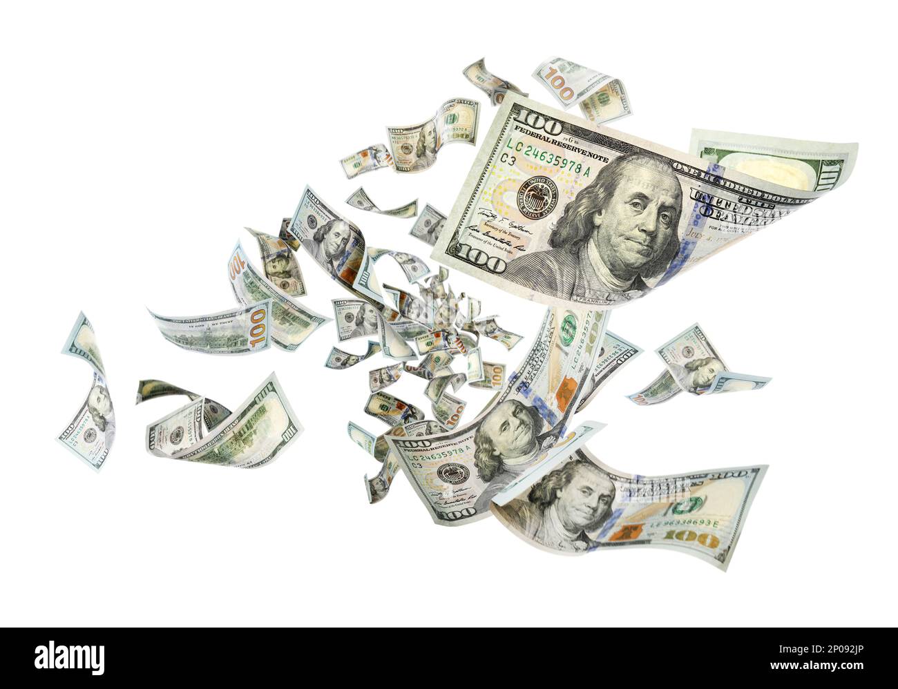 Many American dollars on white background. Flying money Stock Photo - Alamy
