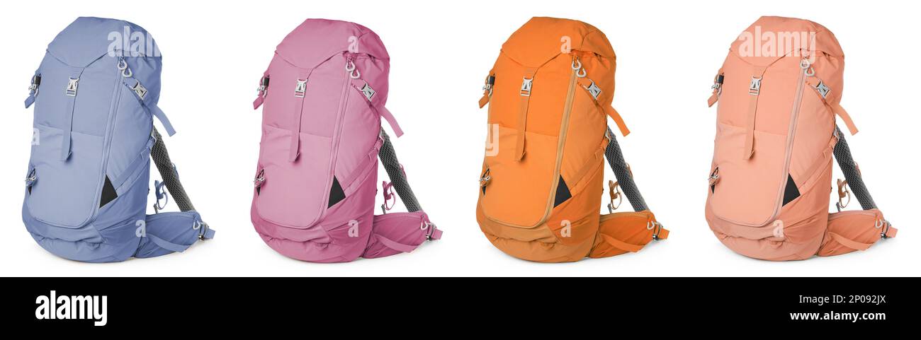 Different hiking backpacks on white background, collage. Banner design ...