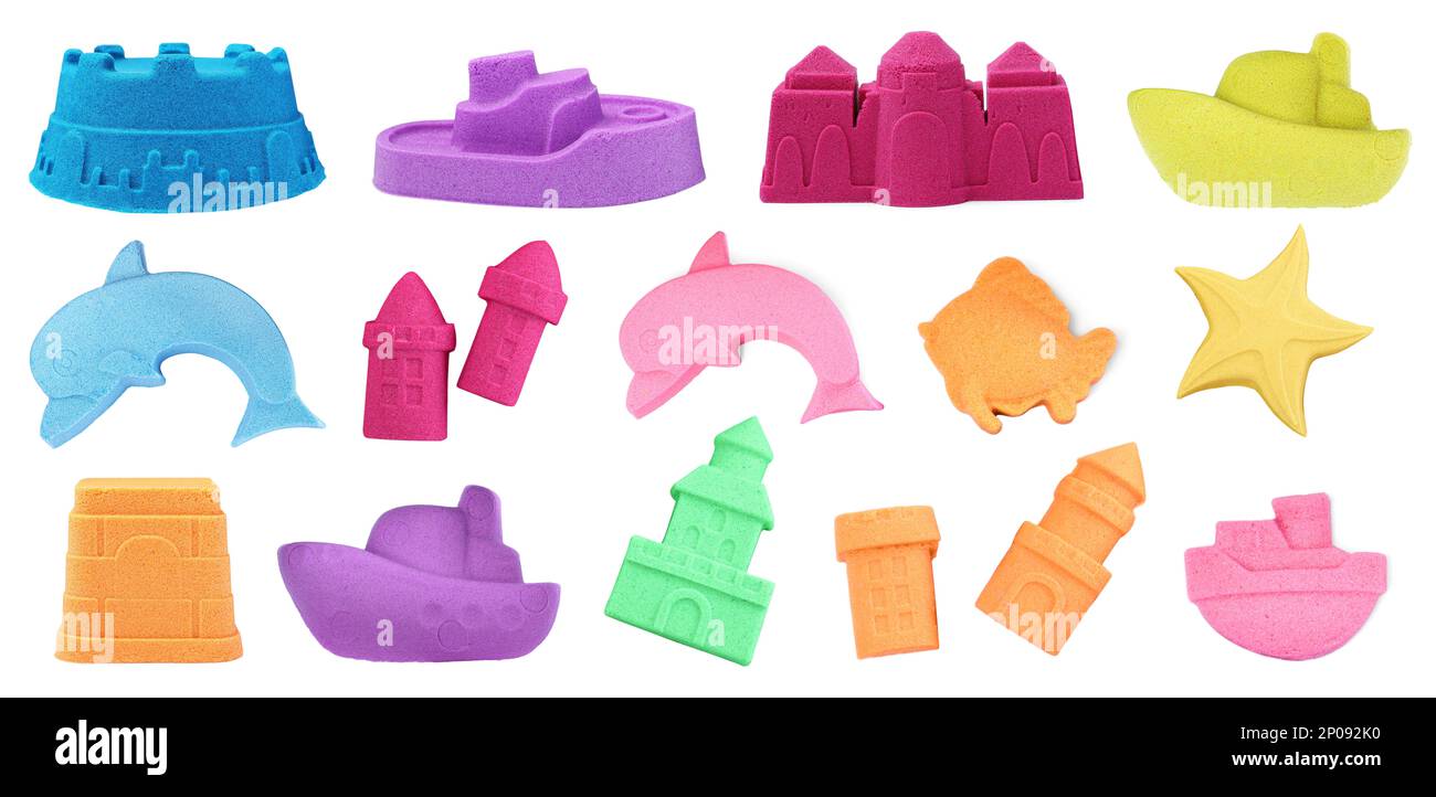 Set with different figures made of colorful kinetic sand on white ...